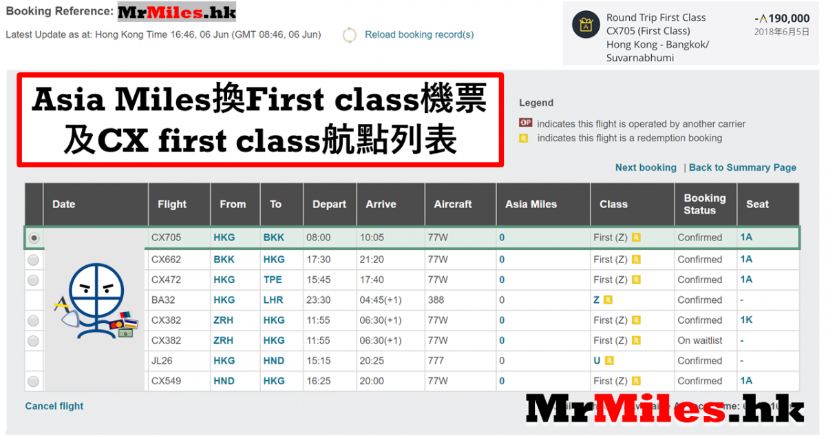 Asia Miles oneworld chart表格換頭等搵位 CX Cathay Pacific First Class route ...