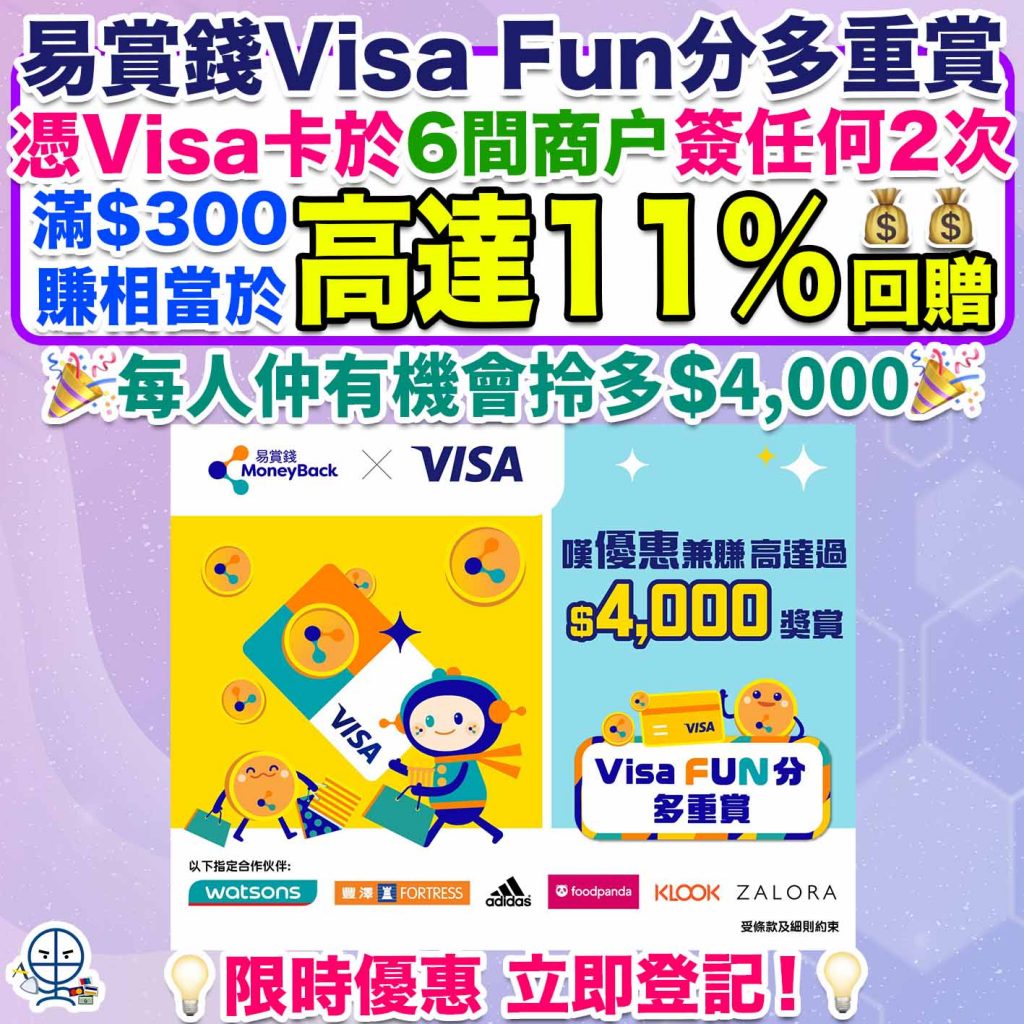 【易賞錢Visa Fun分多重賞】憑Visa卡於6間商户簽任何2次 滿$300賺相當於高達11%回贈！ 更有機會瓜分100萬積分 每人拎多 ...