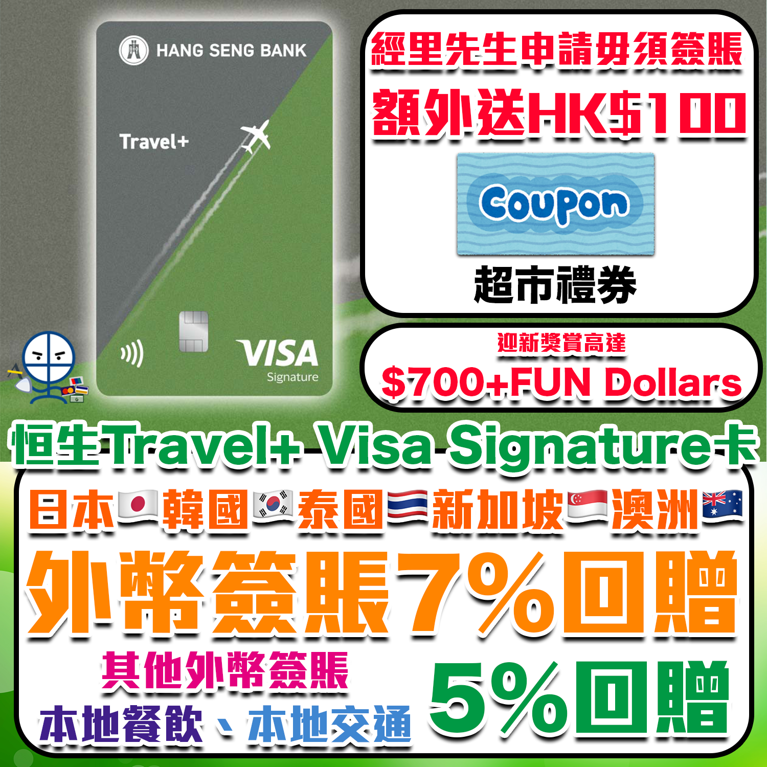【恒生Travel+ Visa Signature卡】新舊客有迎新額外送$100！永久免年費！7%日本韓國泰國外幣簽賬/ 本地餐飲食飯 交通5 ...