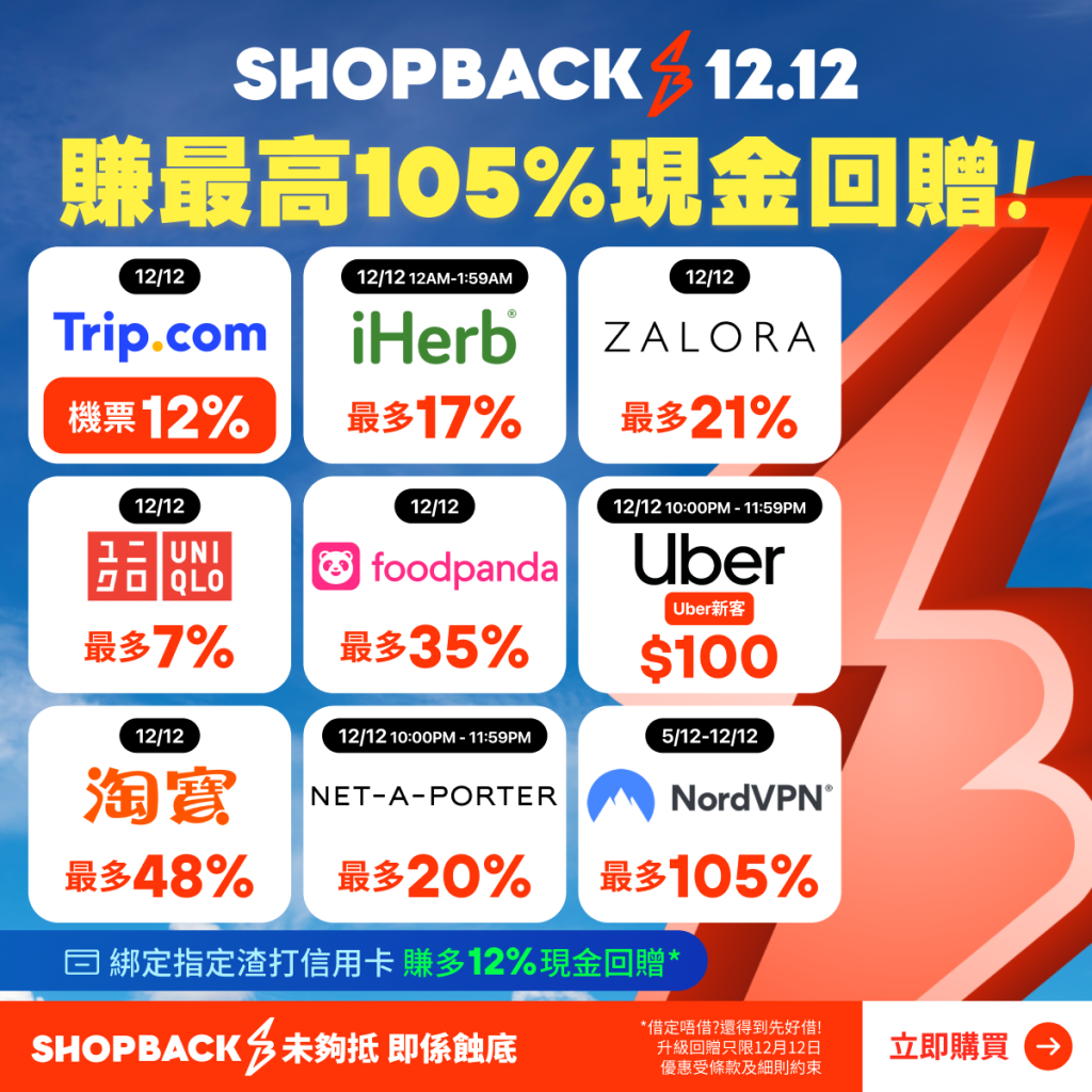 【ShopBack 12月優惠/推薦碼/迎新】用里先生連結註冊送HK$30現金回贈，仲有機會贏雙人英國來回機票連$20,000旅遊套票！雙12 賺最高105%升級現金回贈 ｜Uber 新客 ...