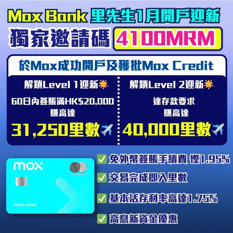 【Mox開戶優惠】邀請碼「4100MRM」迎新賺高達40,000里！Mox Credit里數/CashBack任你揀！Mox Bank利息/優惠/回贈一覽 | 里先生 Mr. Miles