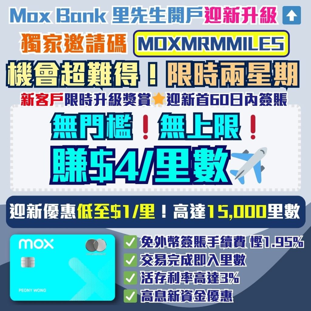 【Mox信用卡+開戶優惠】大啱簽賬啱用！新客戶簽賬無門檻、無上限賺HK$4/里！邀請碼「MOXMRMMILES」迎新低門檻賺HK$1/里！迎新合共15,000里數！新加入5%商戶！Mox ...
