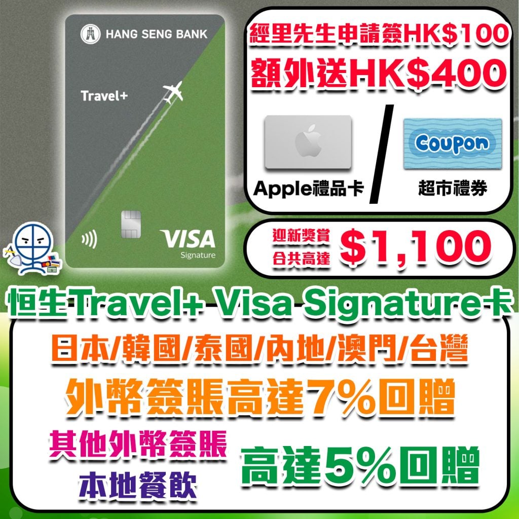 【恒生Travel+ Visa Signature卡】永久免年費🌟新客迎新額外送$400賺$1,100！外幣簽賬7% +FUN Dollars ...