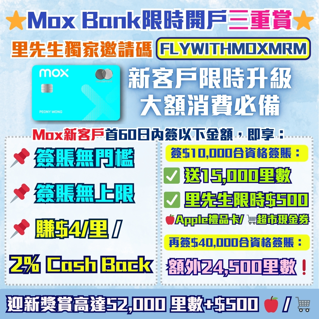 【Mox信用卡里先生迎新優惠】開戶用邀請碼「FLYWITHMOXMRM」迎新簽HK$10,000賺15,000里數+里先生額外$500現金券！限時無門檻簽賬賺$4/里或 2% CashBack ...